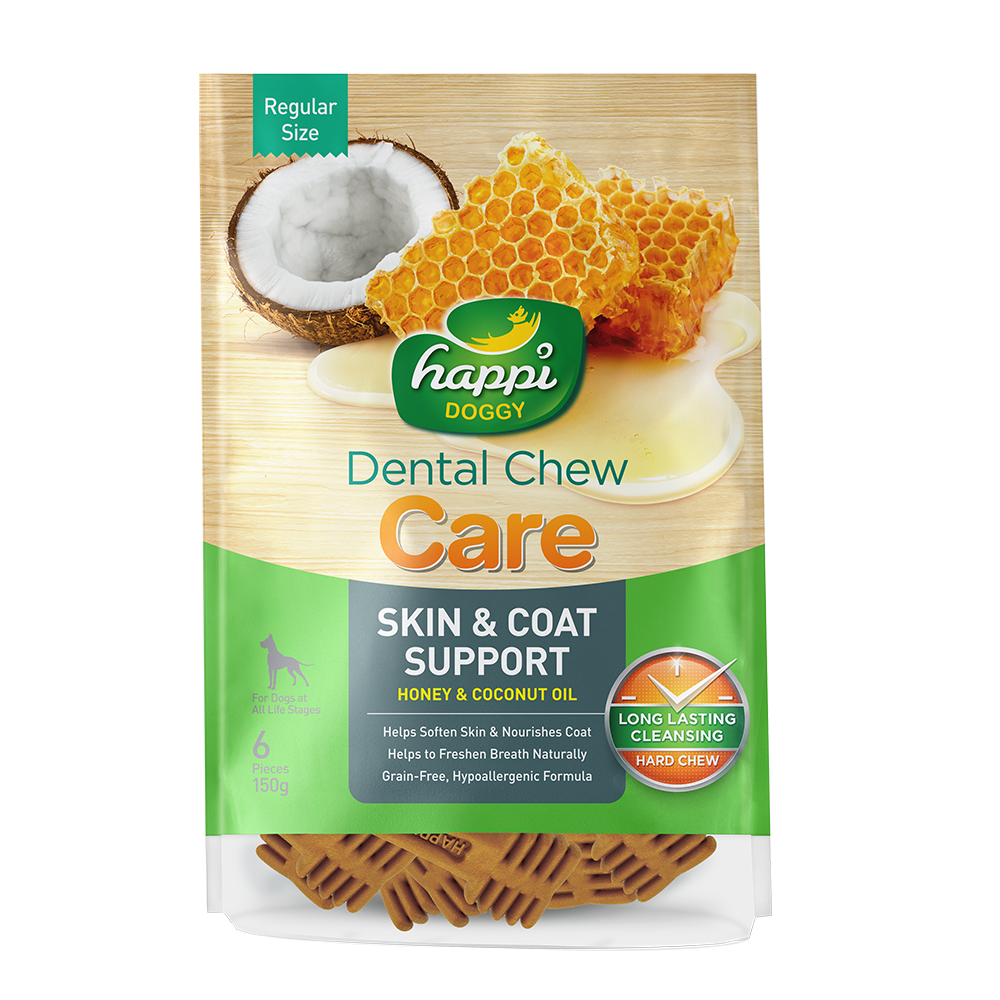 Happi Doggy Dental Chew Care Hard Chew Skin & Coat Support Honey & Coc